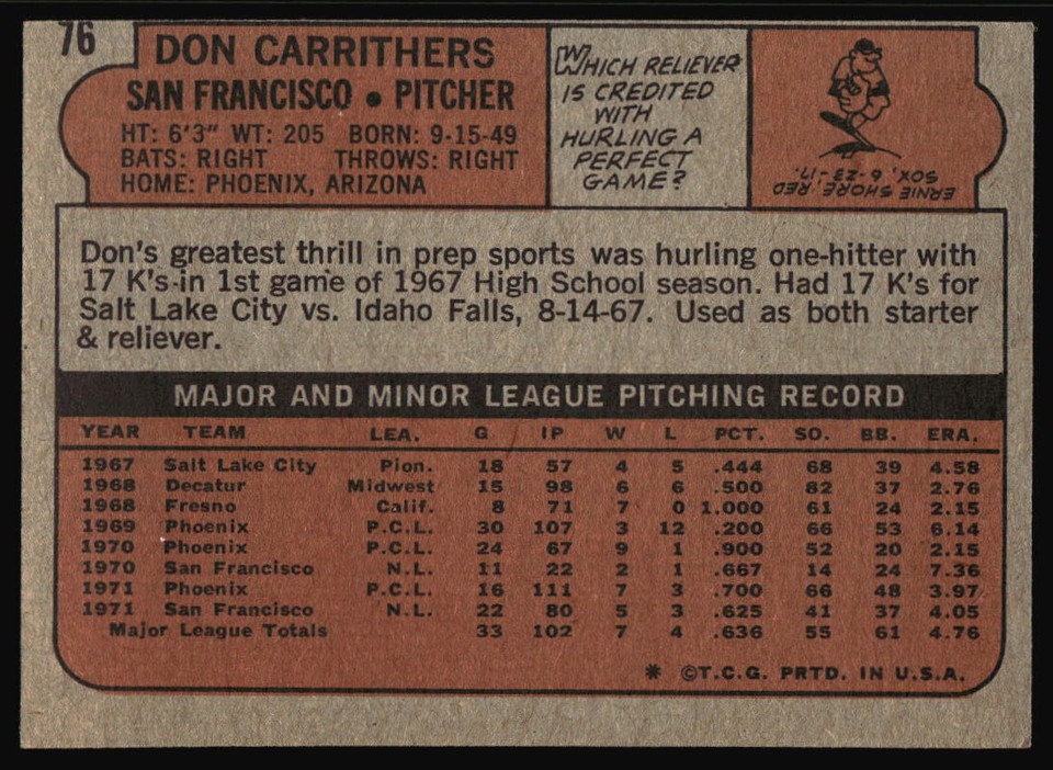 1972 Topps Don Carrithers Rookie #76 San Francisco Giants L4 | eBay