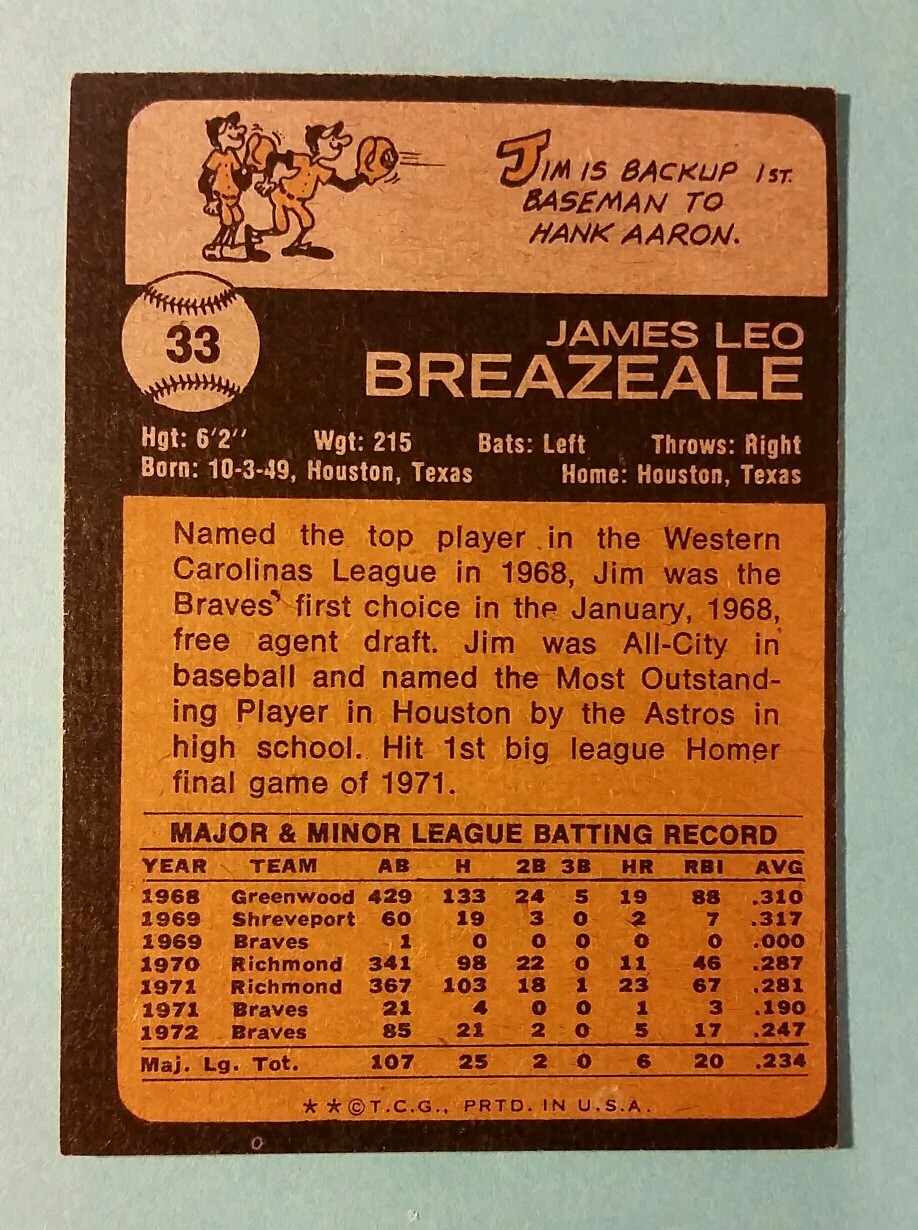 VINTAGE JIM BREAZEALE #33 ATLANTA BRAVES * 1973 TOPPS MLB BASEBALL | eBay