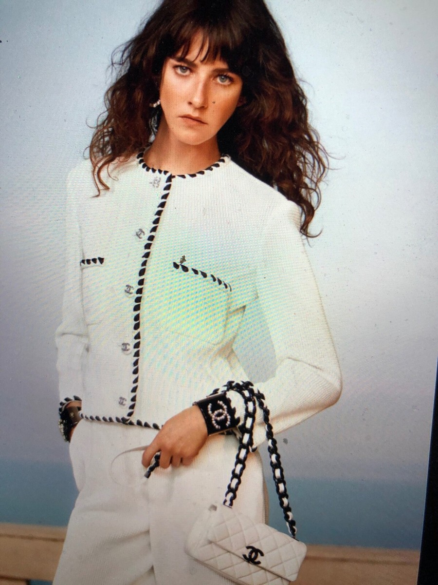 CHANEL 21C NEW TWEED ECRU Jacket BLACK SATIN Braided trim CC CHANEL 21C NEW TWEED ECRU Jacket BLACK SATIN Braided trim CC