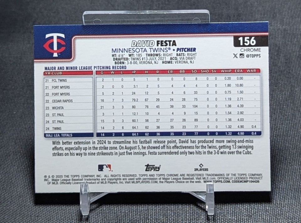 David Festa Raywave Refractor Rookie RC 2025 Topps Chrome Card #156 ...