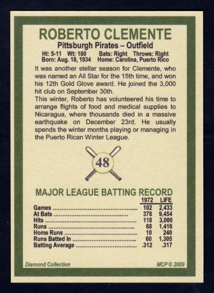Roberto Clemente '72 Pittsburgh Pirates Monarch Corona Diamond #48 ...