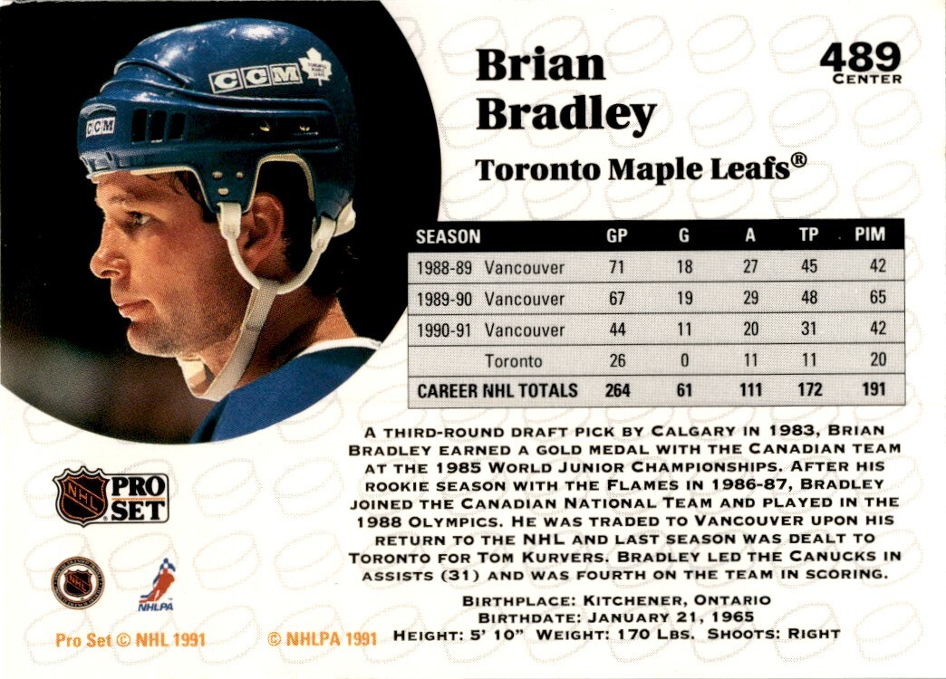 1991-92 Pro Set Brian Bradley Toronto Maple Leafs #489 | eBay