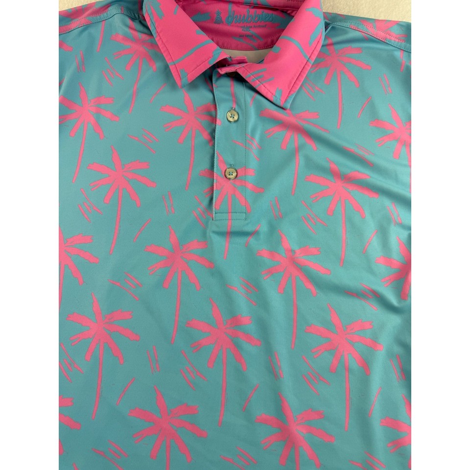 Chubbies Palm Tree Print Polo Shirt Men's Small Aqua Pink Short Sleeve ...