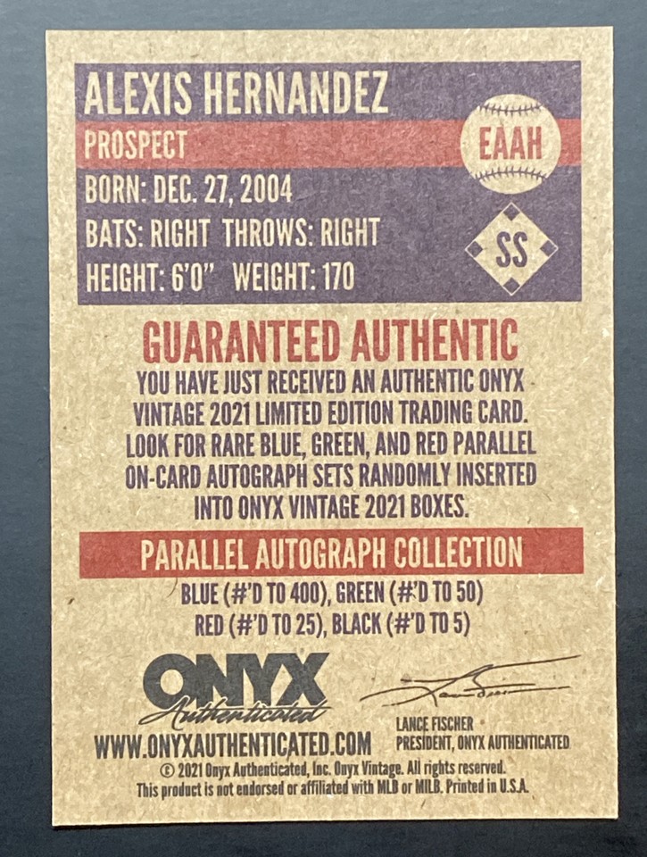 2021 Onyx Vintage Extended Alexis Hernandez Red Ink Prospect Auto /25 ...