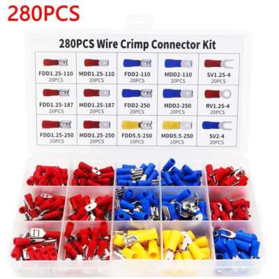 280 x Assorted Insulated Electrical Wire Terminal Crimp Connector Spade ...