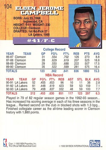 1993 Hoops #104 Elden Campbell Los Angeles Lakers | eBay