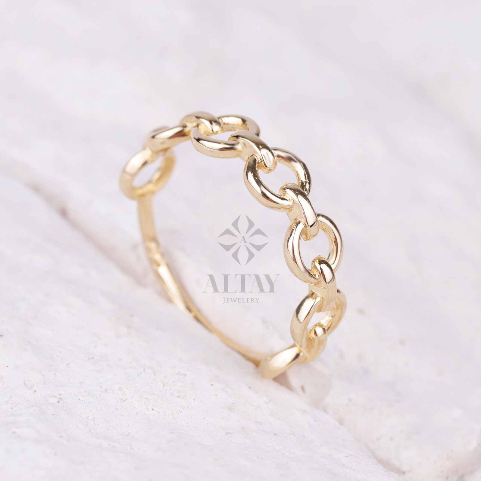 14K Gold Chain Ring, Chain Round Link Ring, Belt Chain Rolo Ring Bold ...