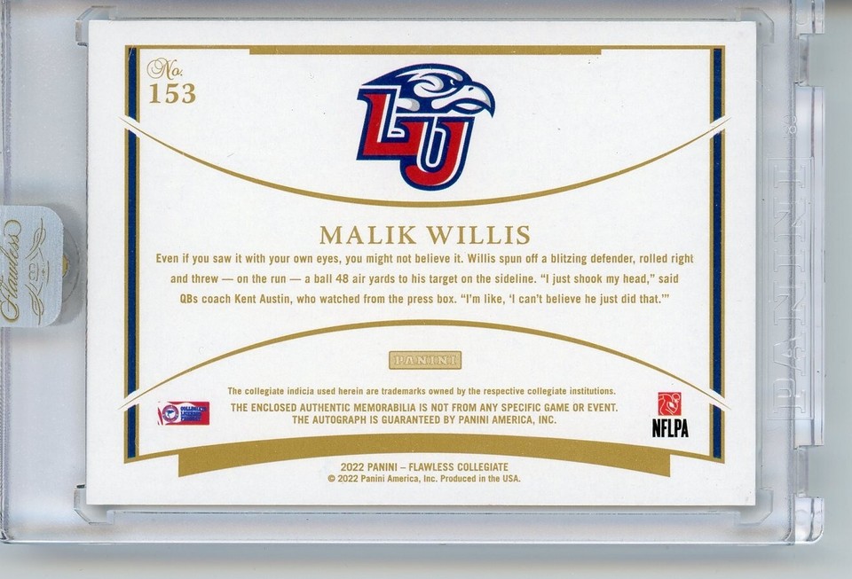 Malik Willis 2022 Flawless Collegiate Football Rookie 3 Clr Patch Auto ...