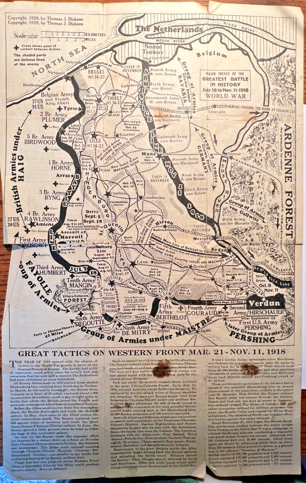 1929 WORLD WAR MAJOR TACTICS MAP Battle July-Nov 1918 Lt Col Thomas ...