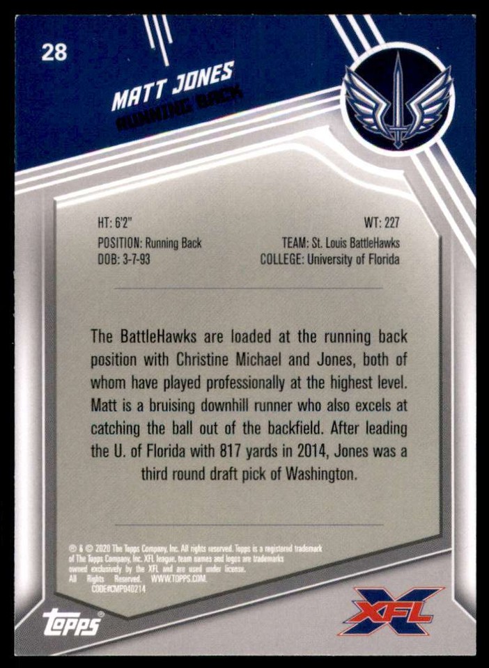 Matt Jones 2020 Topps Xfl #28 131383 Football Card | eBay