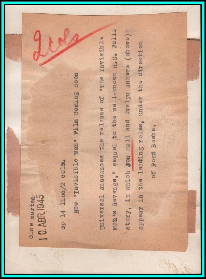 EVELYN ANKERS & JON HALL in "The Invisible Man's Revenge" - Original ...