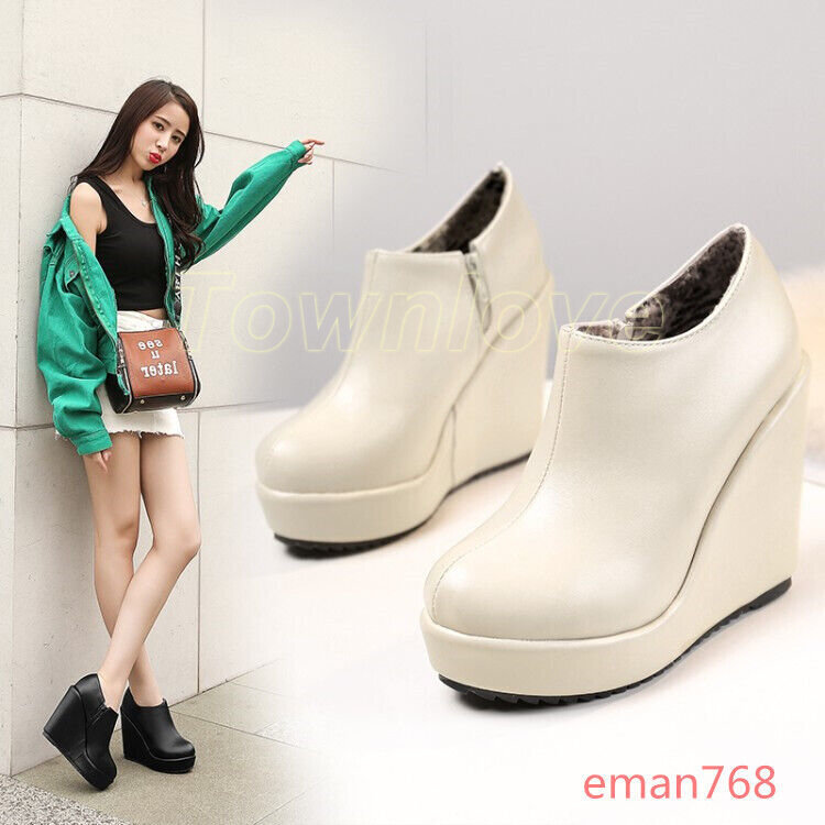 Women Wedge High Heel Platform Low Top Ankle Boots Casual Pumps Winter ...