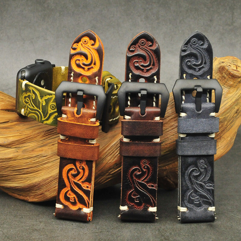 Handmade Oriental Watchband Genuine Leather Carved Embossed Retro Watch ...