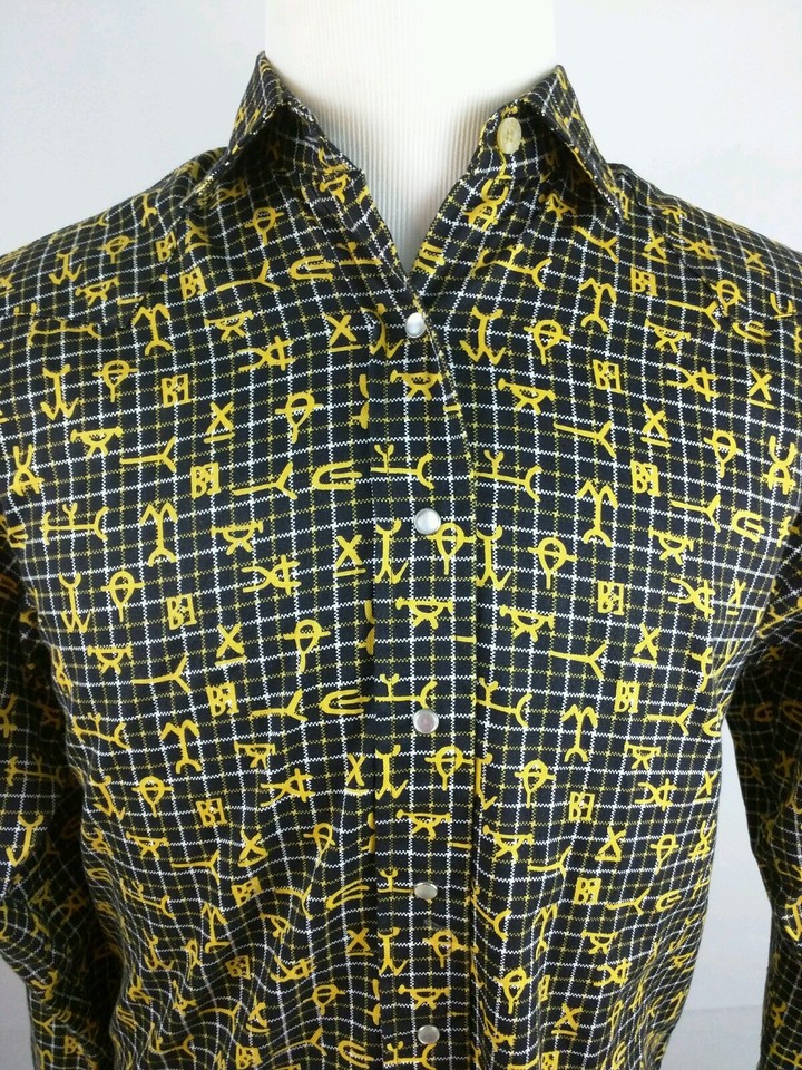 Barn Fly Black Gold Plaid Tribal Symbols Long Sleeve Western Shirt Mens ...