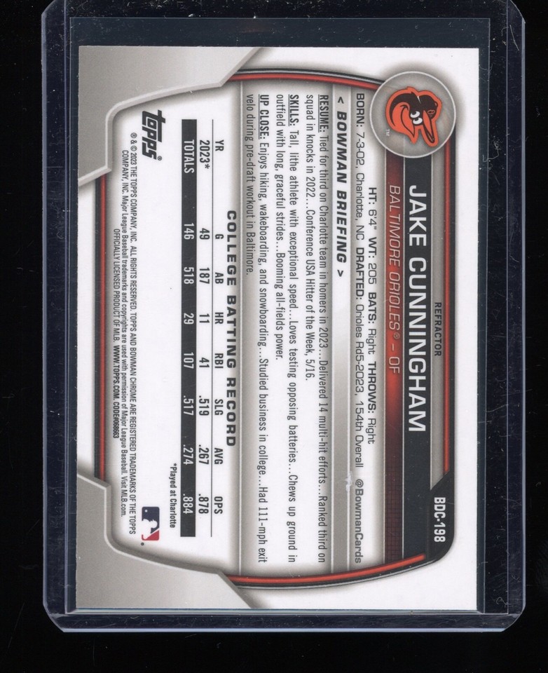 2023 Bowman Draft Jake Cunningham First 1st Chrome Refractor Baltimore ...