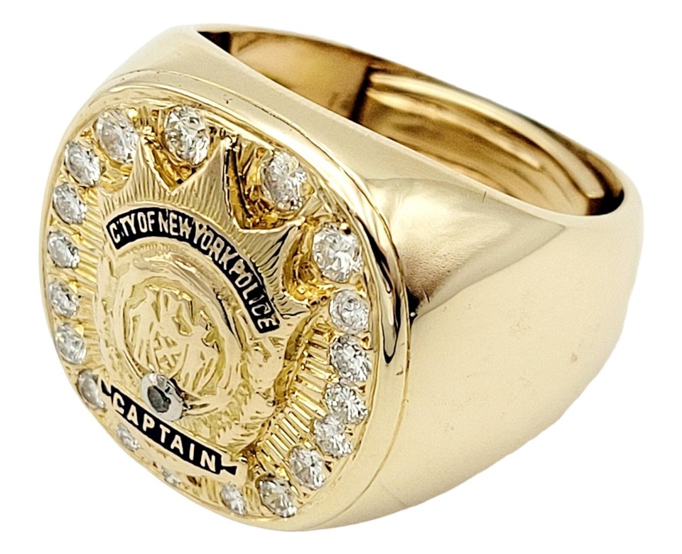 Ring New York City Police Captain Badge Diamond Halo 14 Kt Yellow Gold ...