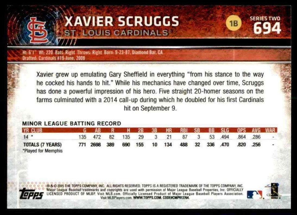2015 Topps Series 2 Xavier Scruggs RC #694 St. Louis Cardinals | eBay