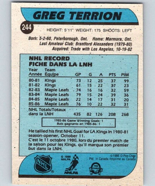 1986-87 O-Pee-Chee - #244 Greg Terrion for sale online | eBay