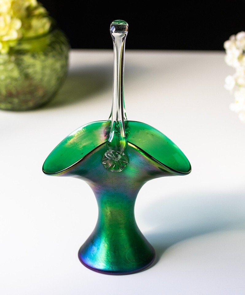 BOHEMIAN LOETZ GREEN IRIDESCENT ART NOUVEAU GLASS HANDLE VASE BASKET | eBay