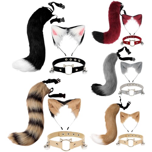Womens Cosplay Faux Fur Fox Wolf Ears Headband and Furry Long Tail Girl ...