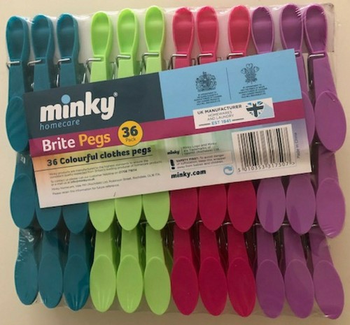 PACK OF MINKY 36 BRITE PLASTIC EVERYDAY PEGS - CLOTHES/LAUNDRY WASHING ...
