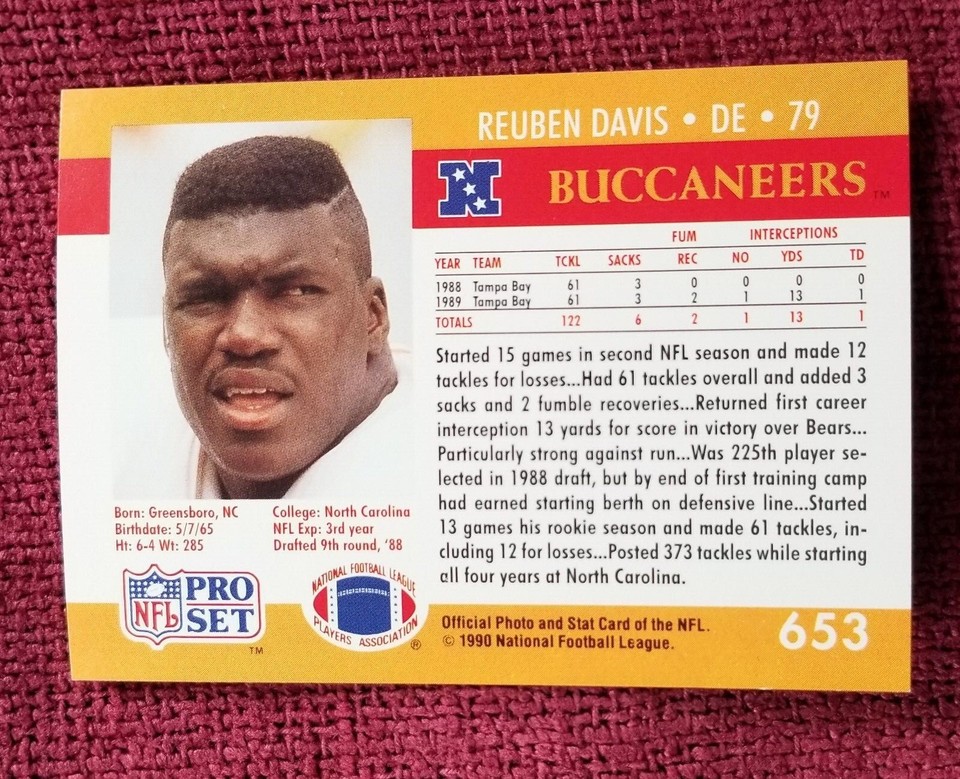 Reuben Davis Tampa Bay Buccaneers Defensive End Pro Set 1990 Card #653 ...