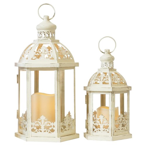 Lanterns Decorative Outdoor&indoor Set Of 2 15"&11" Beige Metal Lantern ...