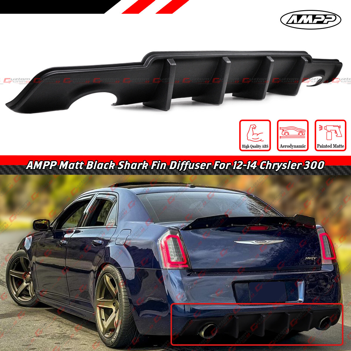 FOR 2012-2014 CHRYSLER 300 300S AMPP MATTE BLACK SHARK FIN REAR BUMPER ...
