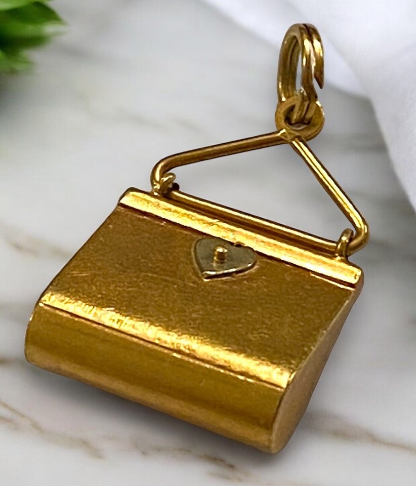 VINTAGE 18k 750 SOLID Yellow Gold 3D PURSE Bag Pocketbook Charm Pendant ...