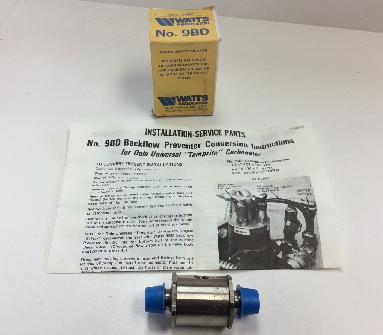 New Watts No. 9BD EDP# 61894 Backflow Preventer Water CO2 Gas Stainless ...