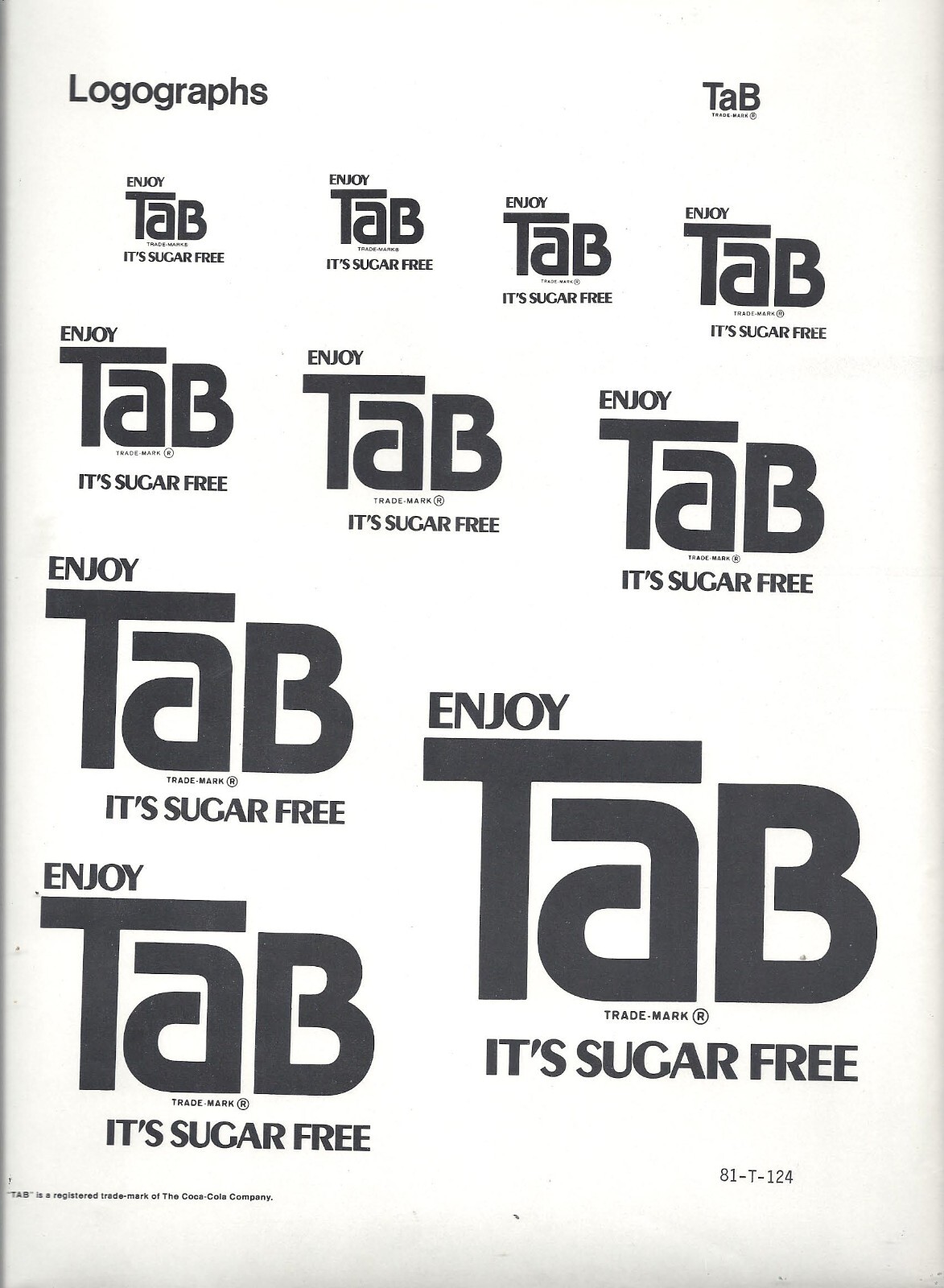 Enjoy Tab It's Sugar Free Logographs for Print Ads 11 Diff sizes | eBay