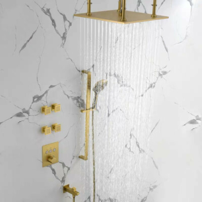 Thermostatic Brass Brushed Gold 20" Ceiling Rainfall Shower Set 4pcs ...