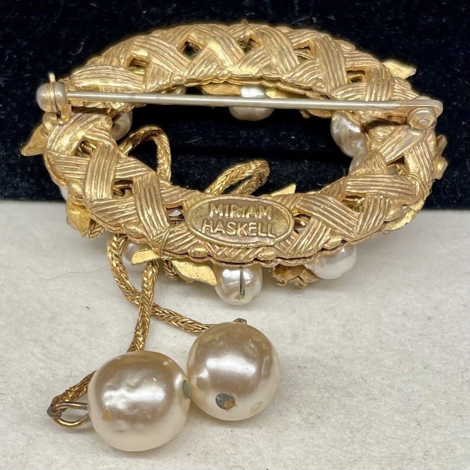 Miriam Haskell Signed Brooch Rare Vintage Gilt 2” Pearl Rhinestone ...