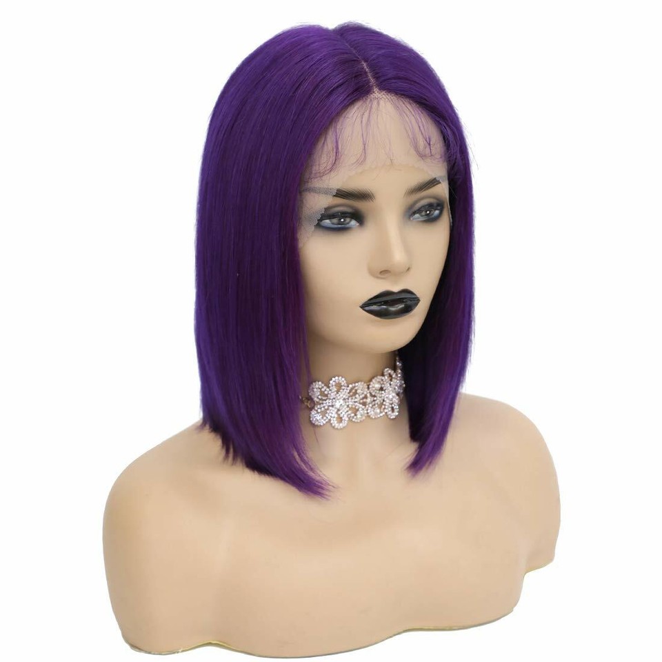 Short Bob Dark Purple Human Hair Wigs Straight 13x1x4 T Part Lace Front ...