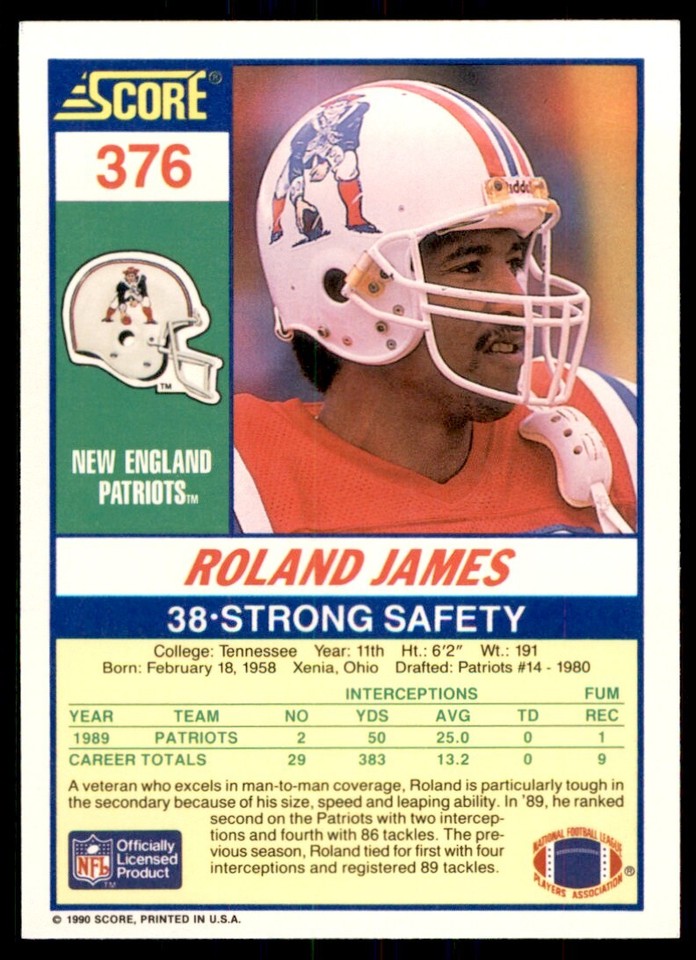 1990 Score Roland James New England Patriots #376 | eBay