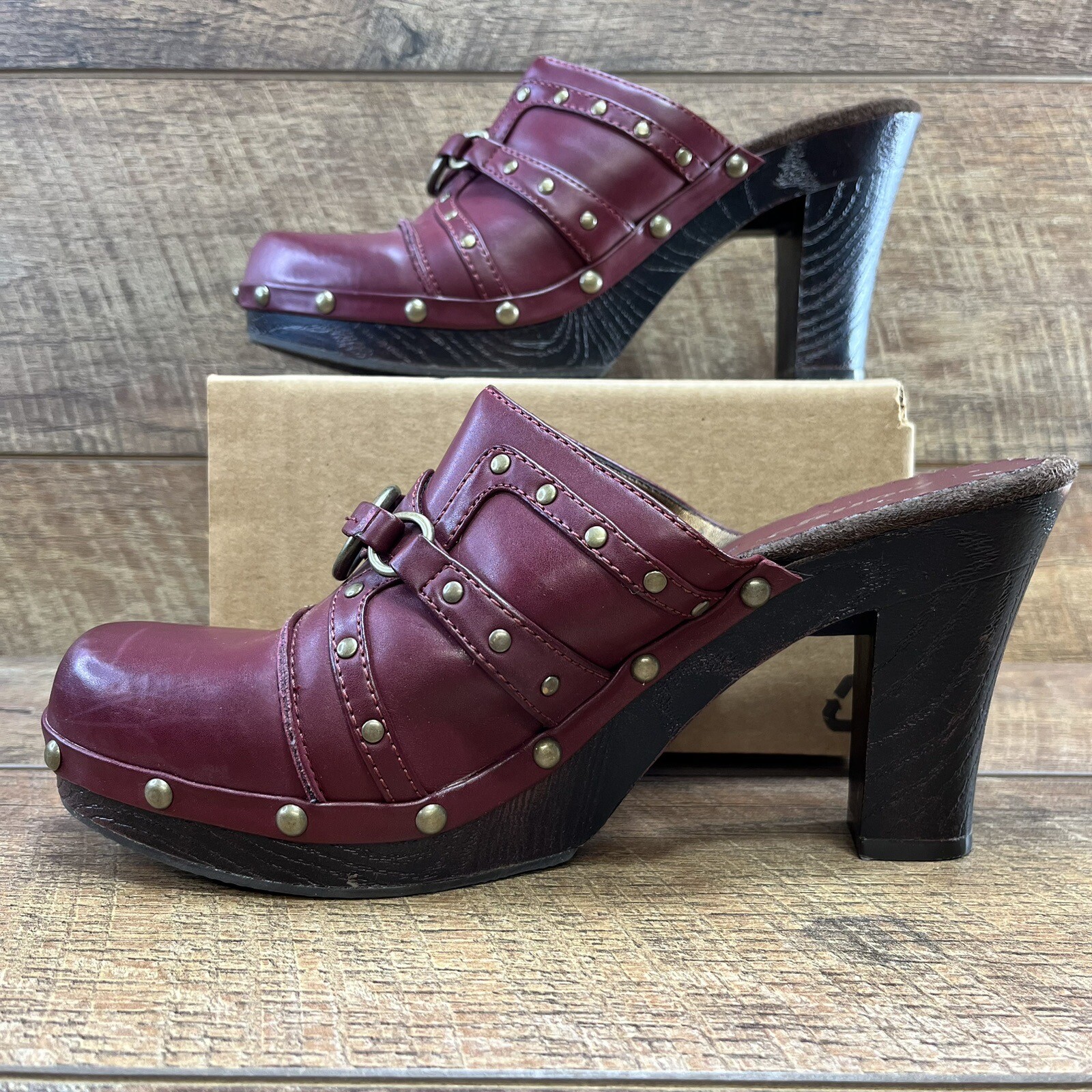 BONGO Y2K BURGUNDY STUDDED CLOGS PLATFORM HEELS WOME… - Gem