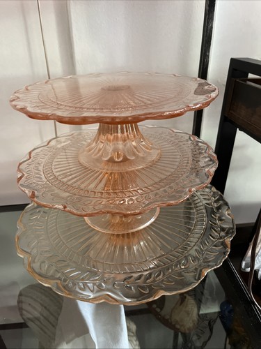 Vintage Laurel Leaf Pink Depression Glass 3-Tier Pedestal Cake Stands 9 ...
