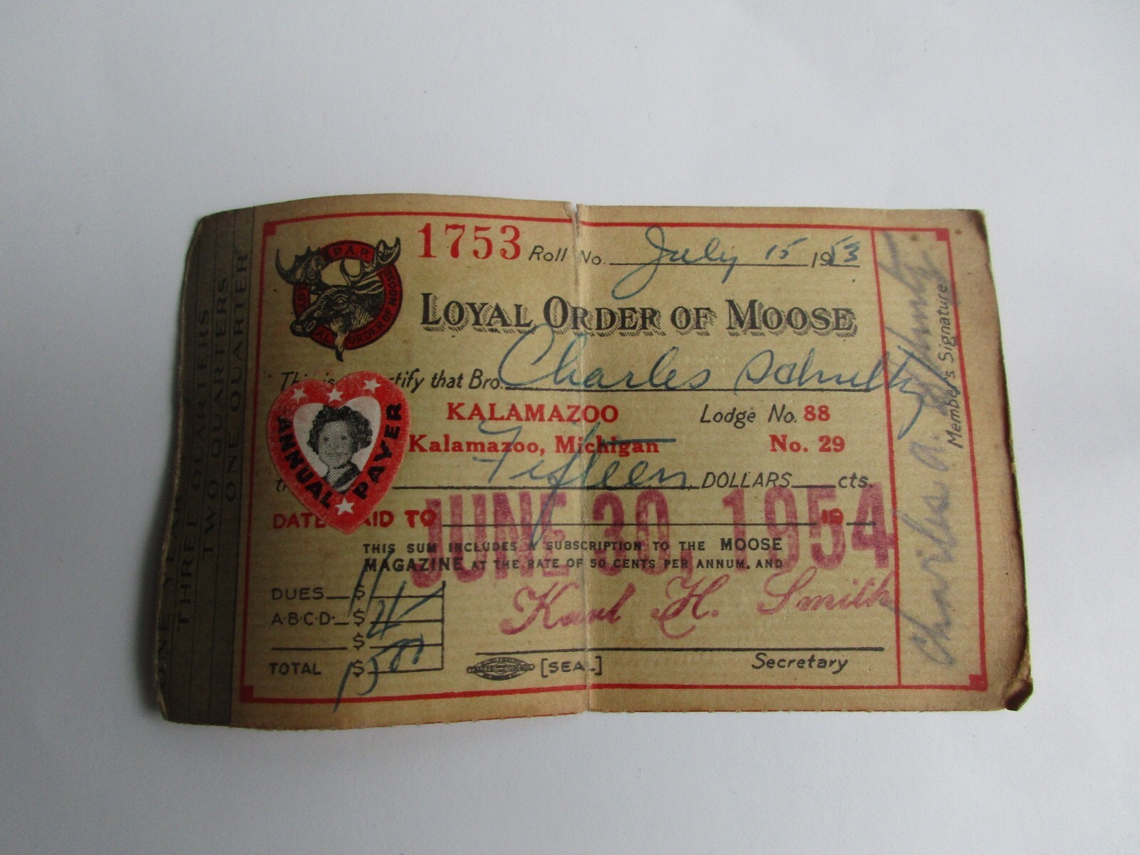 1954 Loyal Order of Moose Kalamazoo Dues Receipt Membership Card | eBay
