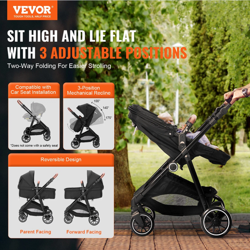 3-in-1 Baby Stroller | Bassinet + Recline + Mesh Cover | Foldable ...