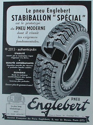 PUBLICITE PNEU ENGLEBERT STABIBALLON SPECIAL POUR AUTOMOBILE DE 1939 ...
