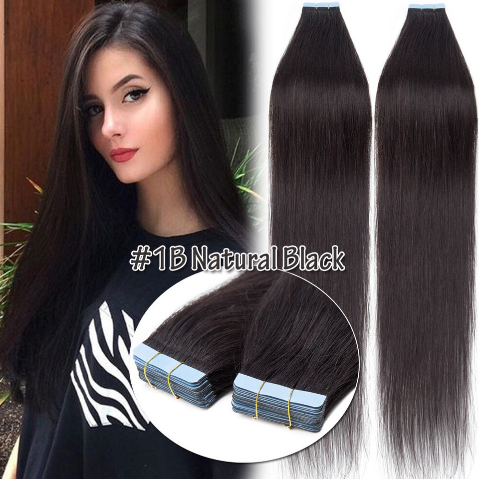 Tape In Remy 100% Human Hair Extensions Full Head Skin Weft Thick Ombre ...