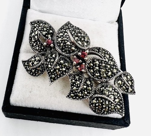 JUDITH JACK Sterling Silver Garnet & Marcasite Brooch 11g Signed ...