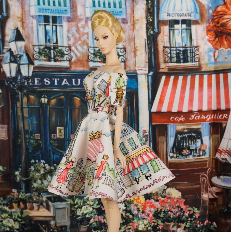 Multi-color Paris Cafe' Print Dress fits Ficon, Deva, Alex 16" Fashion ...