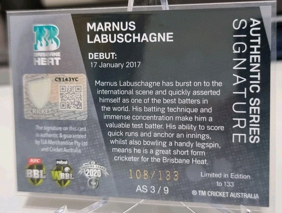 Marnus Labuschagne TLA Traders 2020 Cricket Signature Auto Card /133 ...