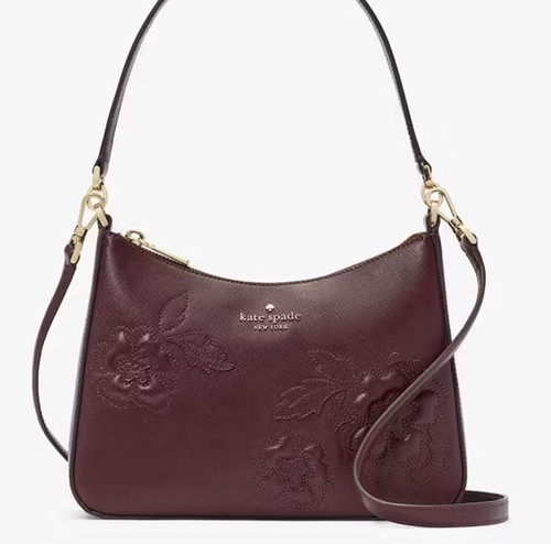 KATE SPADE Margot Dark Merlot Leather Floral Applique Shoulder Bag ...
