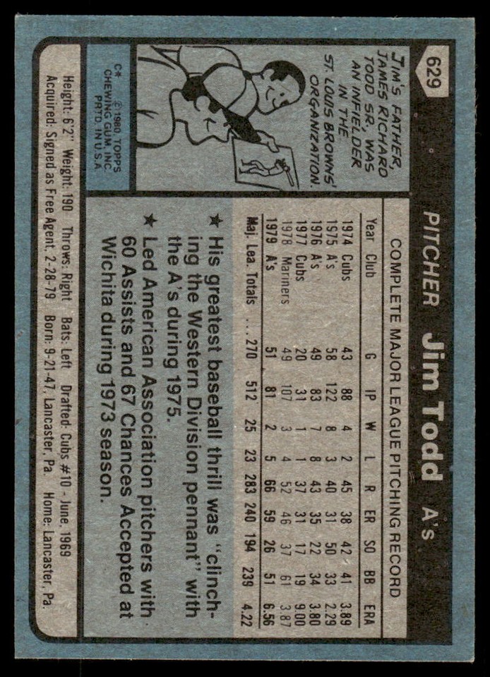 1980 Topps Jim Todd #629 Oakland Athletics Baseball Card | eBay