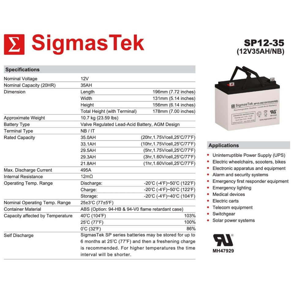 SigmasTek SP12-35 NB 12 Volt 35 Amp-Hour Sealed Lead Acid AGM Battery ...