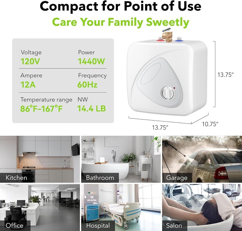 Electric Mini-Tank Water Heater - 2.7 Gallon Small Under Sink Instant ...