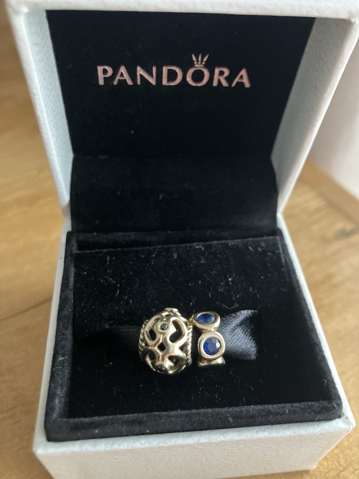 2 14ct Gold Genuine Pandora Charms Sapphire & Diamonds | eBay UK