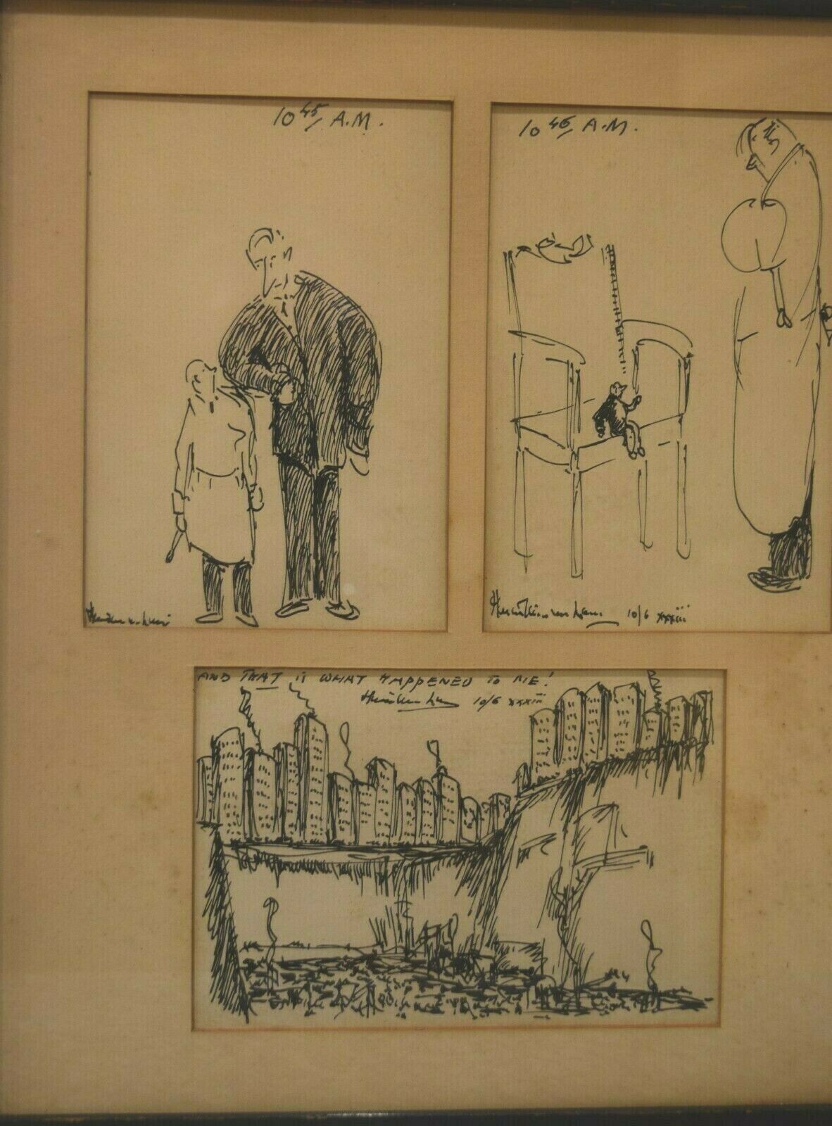 Three (3) Vintage Pen and Ink Caricatures in the Style of James Thurber ...